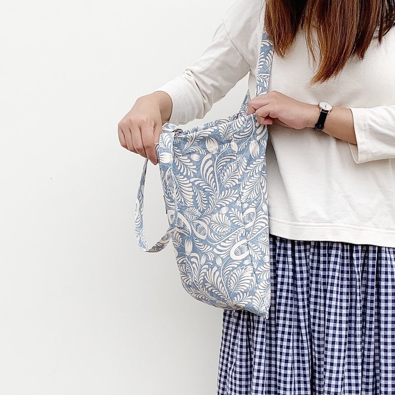 慢耕獨立設計小清新夏日淡藍色小蕨菜印花環保袋手工布袋 - 設計館 mingenhandiwork - 側背包,斜背包 - Pinkoi