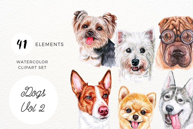 【數位】Watercolor Dog Breeds Clipart Set - 設計館 ArtbyHien 電子似顏繪/繪畫/插畫 - Pinkoi