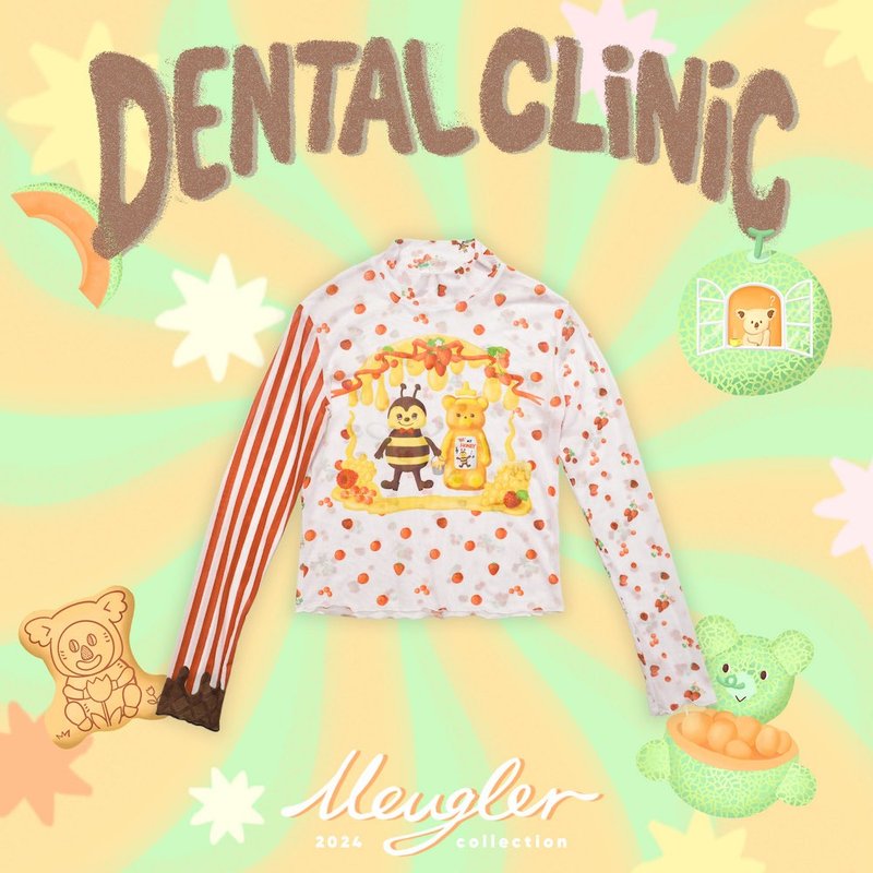 Meugler牛稠島 牛稠齒科小蜜蜂漿果蜂蜜巧克力網紗彈力條紋打底衫 Meugler牛稠岛｜女上衣/長袖上衣人氣榜 - Pinkoi