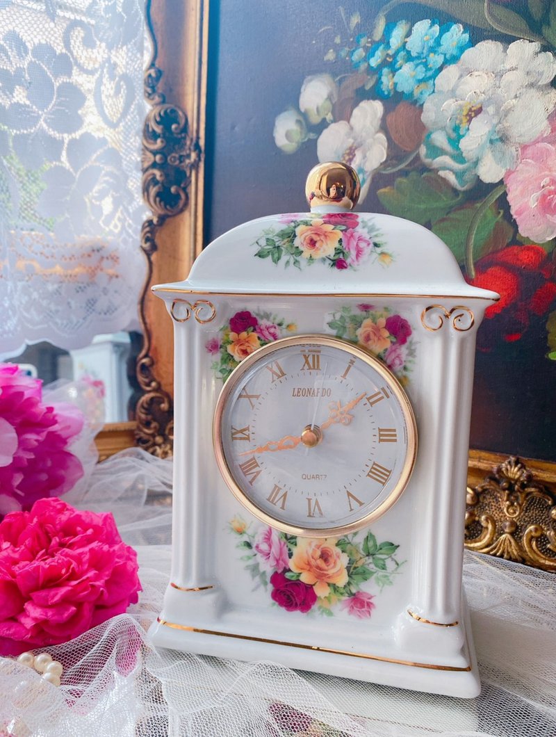 British-made bone china table-top pendulum clock hand-painted rose ...