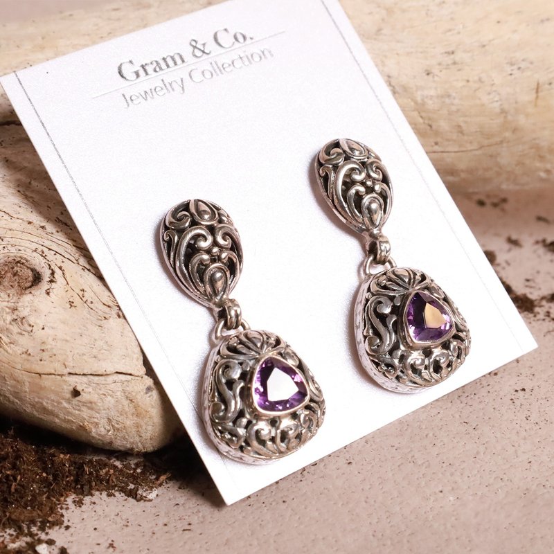 純銀雕花彩石鑲嵌耳環 - 設計館 Gram&co 耳環/耳夾/耳骨夾 - Pinkoi