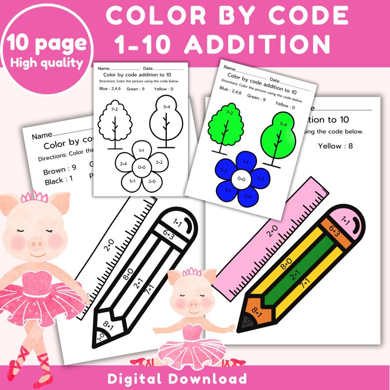【數位】Worksheet, color according to the code 1-10, adding numbers, pepeach｜其他數位設計人氣榜 - Pinkoi
