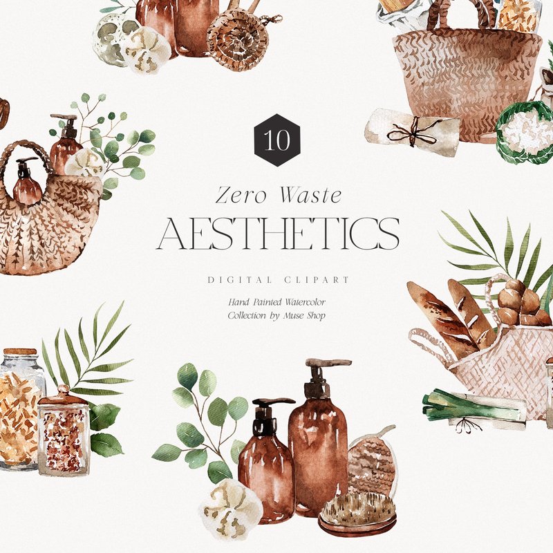 【數位】Watercolor Zero Waste Clipart, Eco Friendly Clipart, Green Life No ...