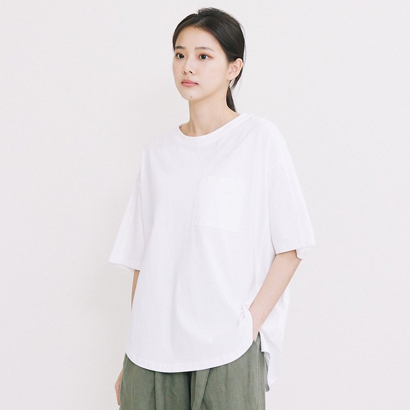 下擺圓弧落肩口袋T 白F - 設計館 Simply Yours 類似簡約 女上衣/長袖上衣 - Pinkoi