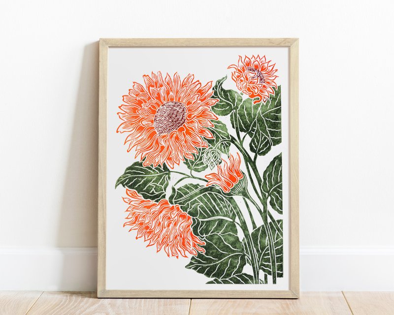 Linocut print Orange green sunflower art Original botanical artwork ...