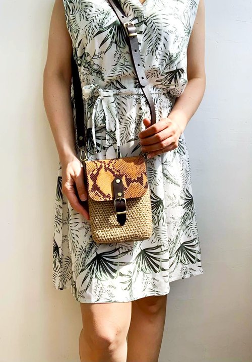 Small leather mini bag Crochet shoulder bag Crossbody jute mini bag ...