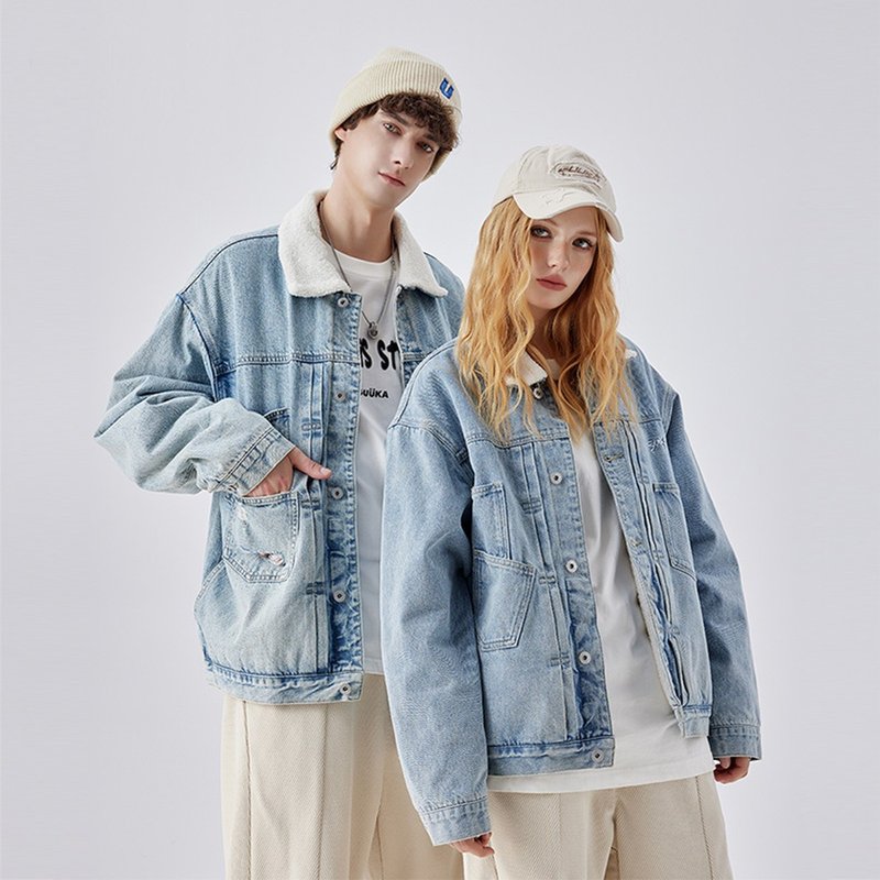 淺藍色羊羔絨牛仔夾克 冬季情侶復古外套 MUYU｜男夾克/外套人氣榜 - Pinkoi