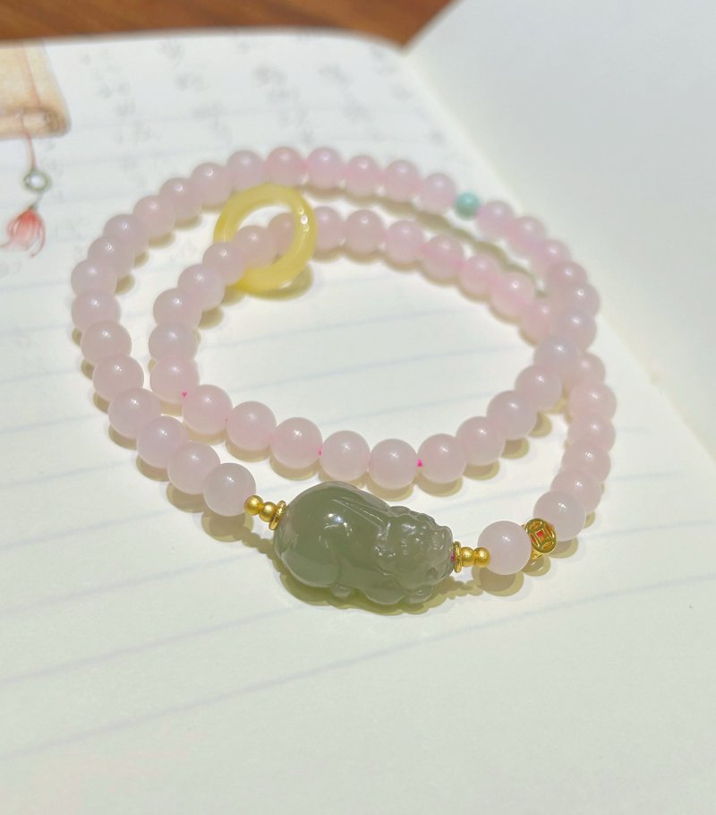 6mm天然和闐玉/和田玉-藕粉玉 和田玉貔貅蜜蠟跑環設計雙圈手串s Angel's tears 天使之淚 Jewelry Design｜手鍊/手環人氣榜 - Pinkoi