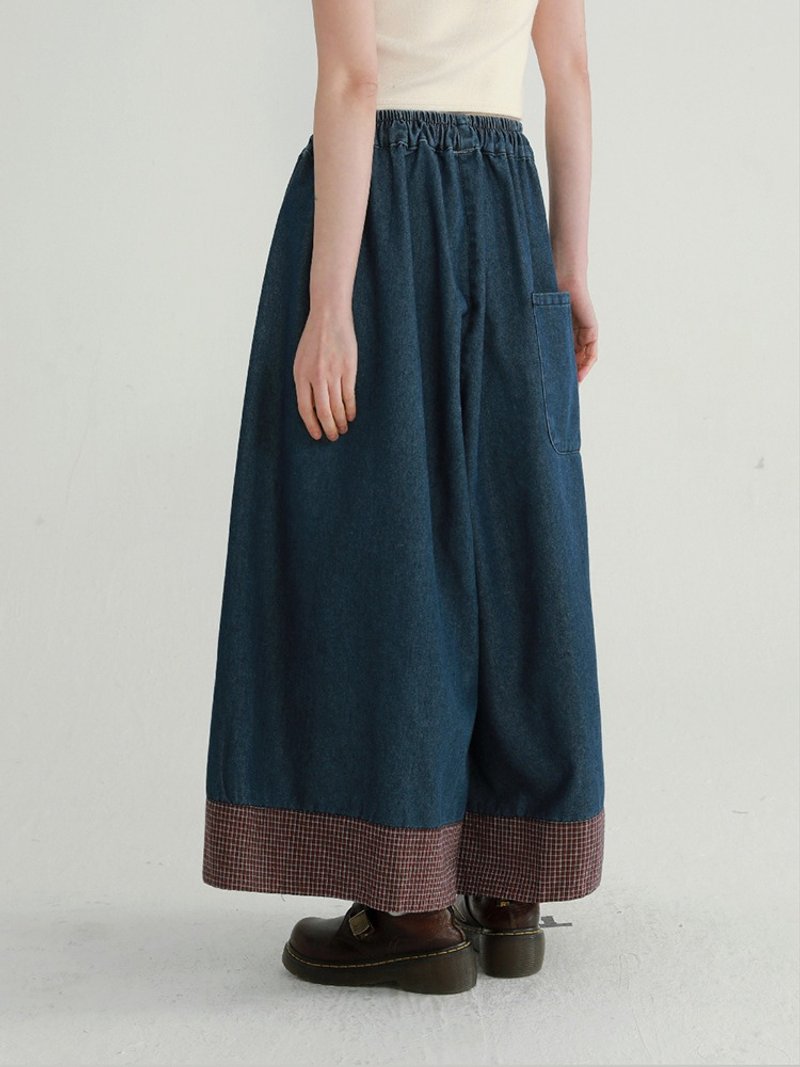 水洗藍色 褲腳拼接牛仔褲 撞色闊腿寬褲 復古高腰休閒寬鬆長褲 EPICRARE｜女長褲人氣榜 - Pinkoi