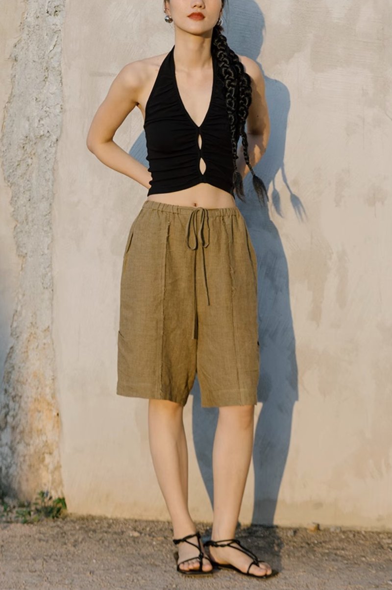 復古文青 度假風短褲 - 設計館 BEWIDER 寬泛 女短褲/五分褲 - Pinkoi