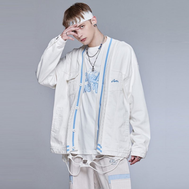 【雙 11 限定】白色毛衣拼接牛仔夾克刺繡破洞夾克外套 MUYU｜男夾克/外套人氣榜 - Pinkoi