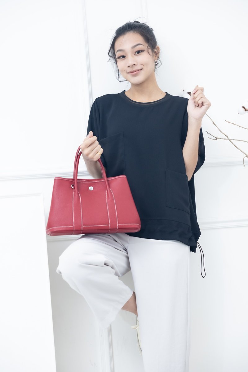 口袋一高一低下擺抽繩上衣 黑色 Meya 編縫編織｜女 T 恤人氣榜 - Pinkoi