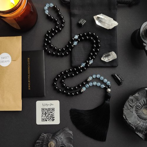 Japa Mala Black Water Aquamarine and Black Tourmaline 108 Beads Tassel Necklace - 設計館 Saligram ...