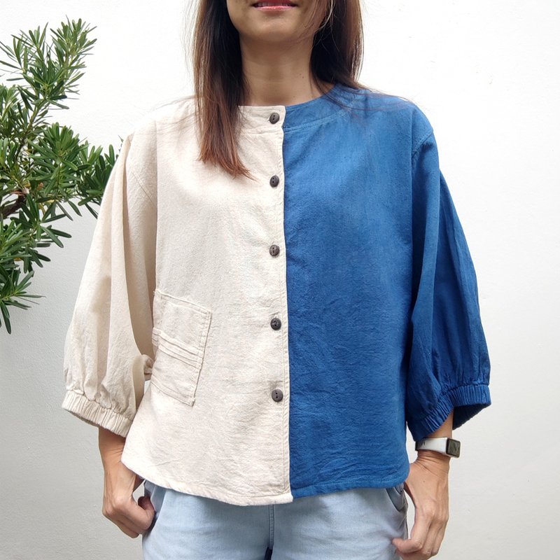 Bow Pocket Half Long Sleeves Half Indigo Blouse hug-fai-hug-d｜女上衣/長袖上衣人氣榜 - Pinkoi