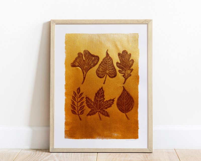Linocut print Gold and brown fall leaves Original artwork Autumn wall ...