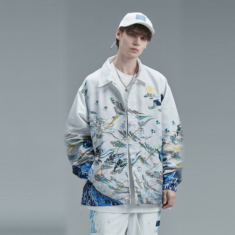 情侶畫卷印花刺繡夾克 復古风衣外套 MUYU｜男夾克/外套人氣榜 - Pinkoi