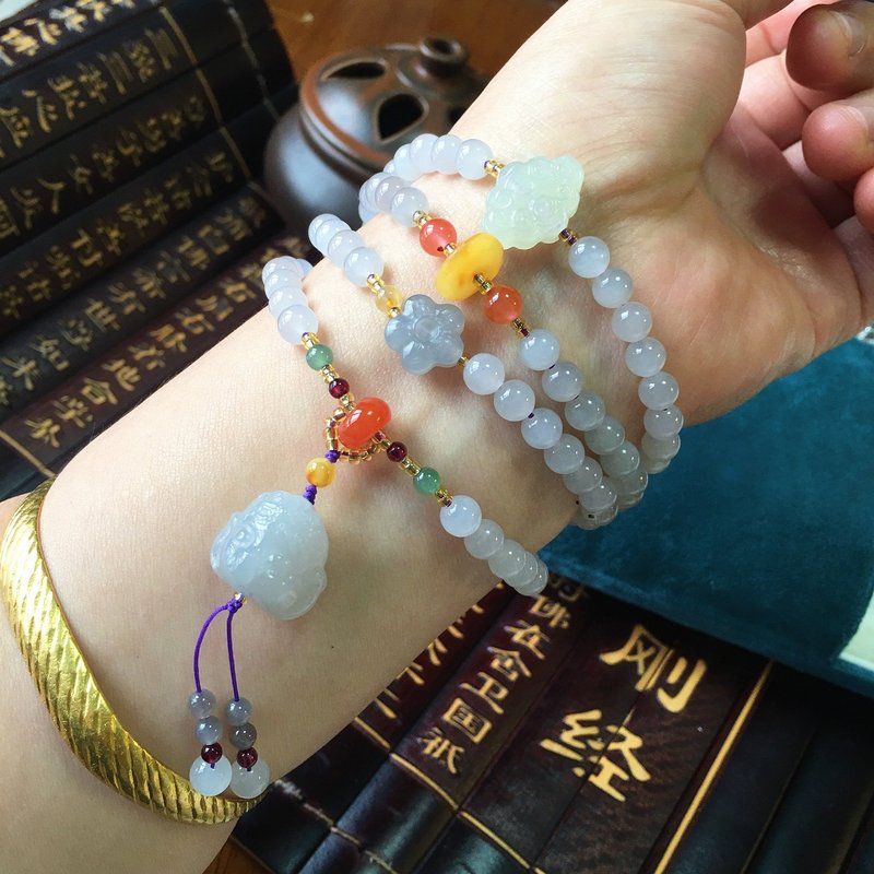 和田玉アイスパープル素材 6mm 108珠ブレスレット、ネックレスペンダント。和田玉の象のペンダントを組み合わせました。 - ショップ huaqingge ブレスレット - Pinkoi