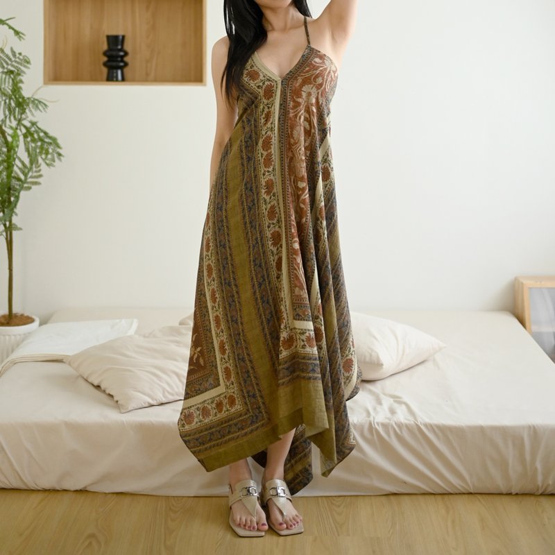 波西迷亞印花感-夏季細帶連身洋裝-黃棕色 NO216｜洋裝/連身裙人氣榜 - Pinkoi