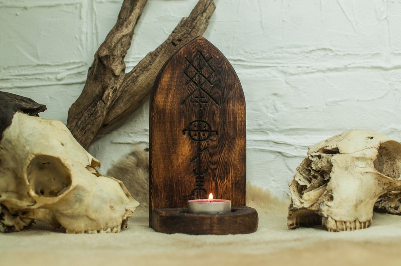 Pagan altar wooden candlestick Spear of Odin Binding Rune Asatru nordic ...