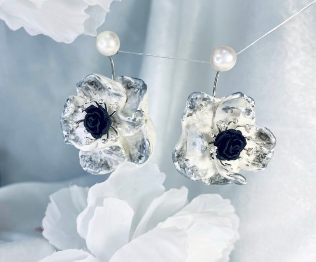 Ink style hand painted flower clay earrings