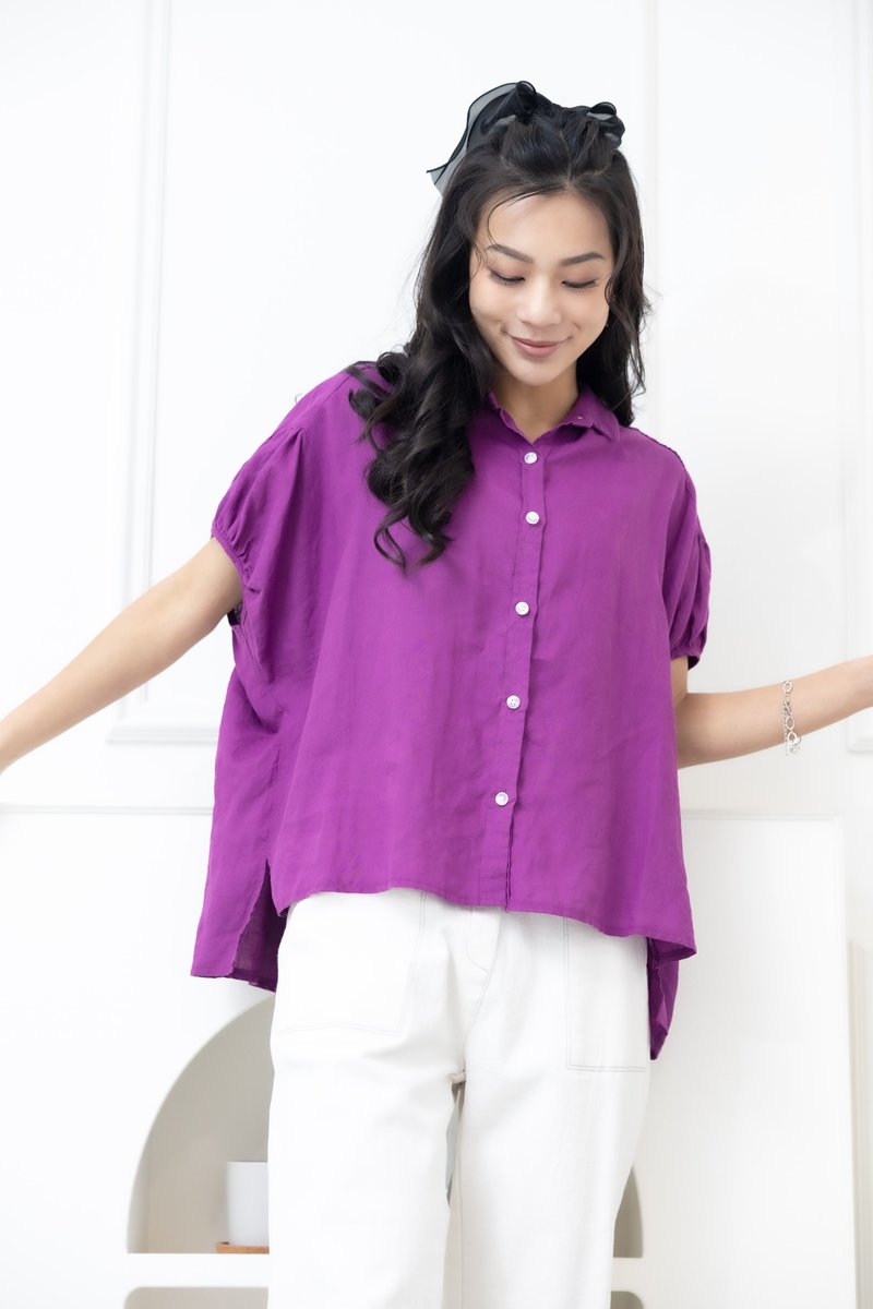 襯衫領袖口皺褶前短後長上衣 紫色 Meya 編縫編織｜女 T 恤人氣榜 - Pinkoi