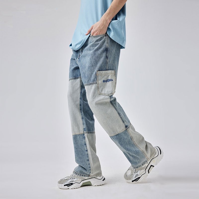 淺藍色水洗拼接牛仔褲男士美式貼袋直筒長褲子 MUYU｜男長褲/休閒褲人氣榜 - Pinkoi