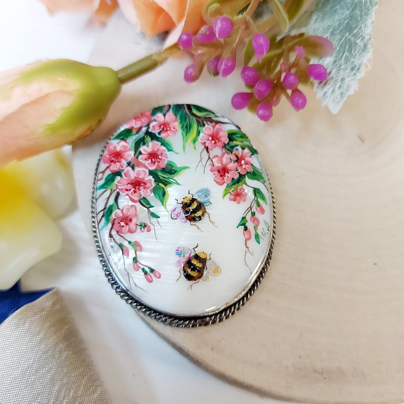 Wonderful hand painted shell brooch: Pink Wild Roses and Bees handmade ...