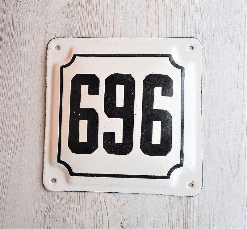 White black street address number sign 696 vintage enamel metal house ...