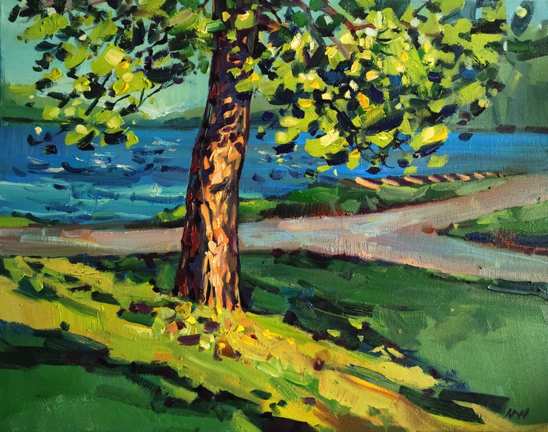 Original oil painting big tree landscape. Summer landscape lake scandinavian art ...