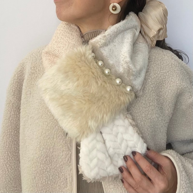 Fluffy and warm neck accessory, elegant muffler with pearls, soft pink ...