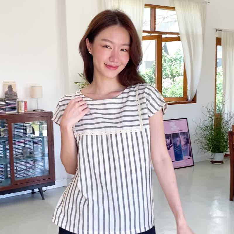 Coco Blouse round-neck cotton short sleeves hand-woven and botanical dyed Brown - 設計館 tanstudio ...